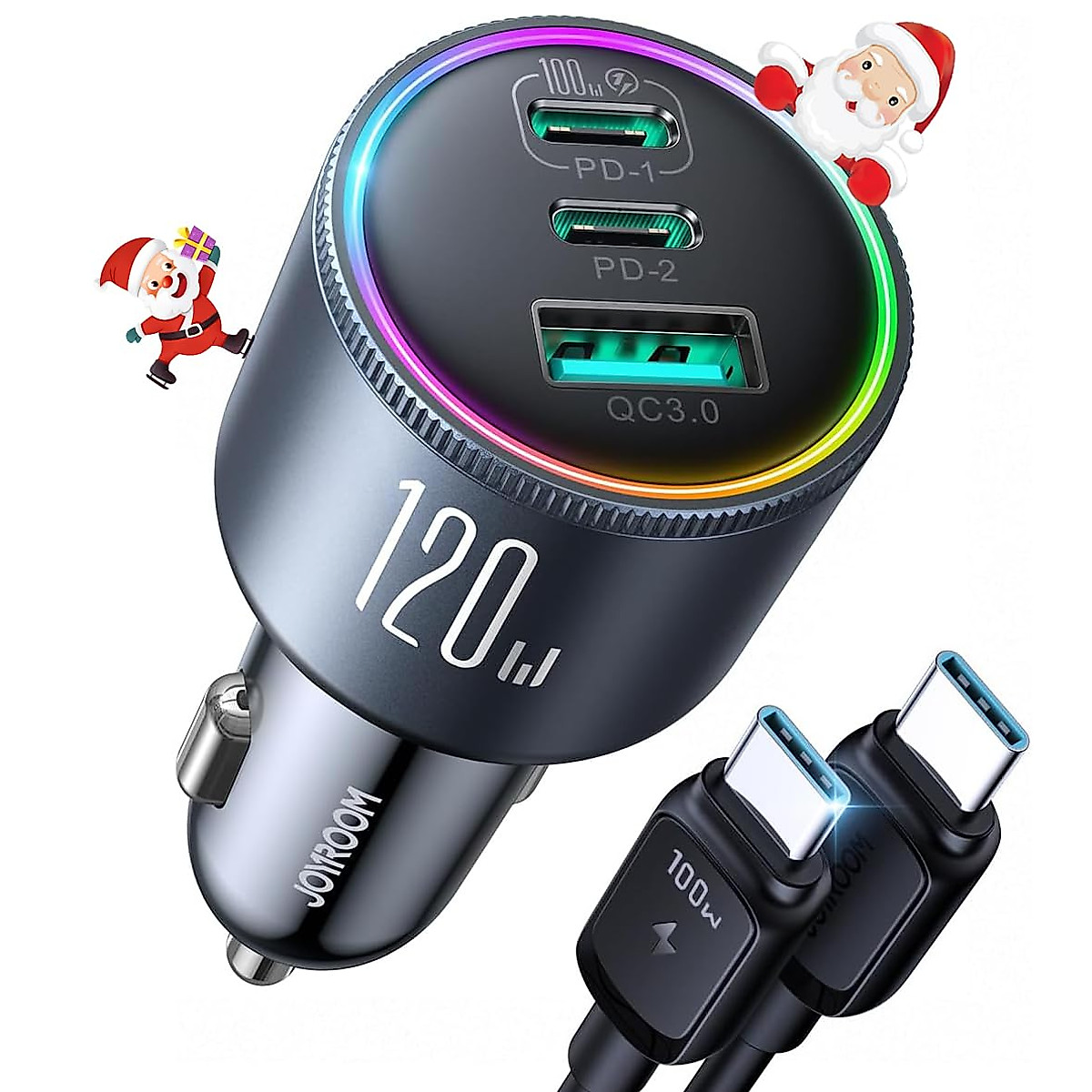 120W Car Charger USB C for iPhone 15 Pro, JOYROOM 3 Port Super Fast Car Charger Adapter PD 100W&35W QC 4.0 Car Phone Charger Fast Charging for iPhone 15/14/13 Pro Max/Samsung S23/22/Laptop