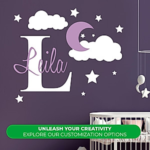 e-Graphic Design Inc Clouds Wall Decals Moon and Stars I Custom Name for Your Baby Room Decor I Personalized Moon, Wall Decor I Mural Wall Decal for Home Children's Bedroom (Wide 22" x 17" Height)