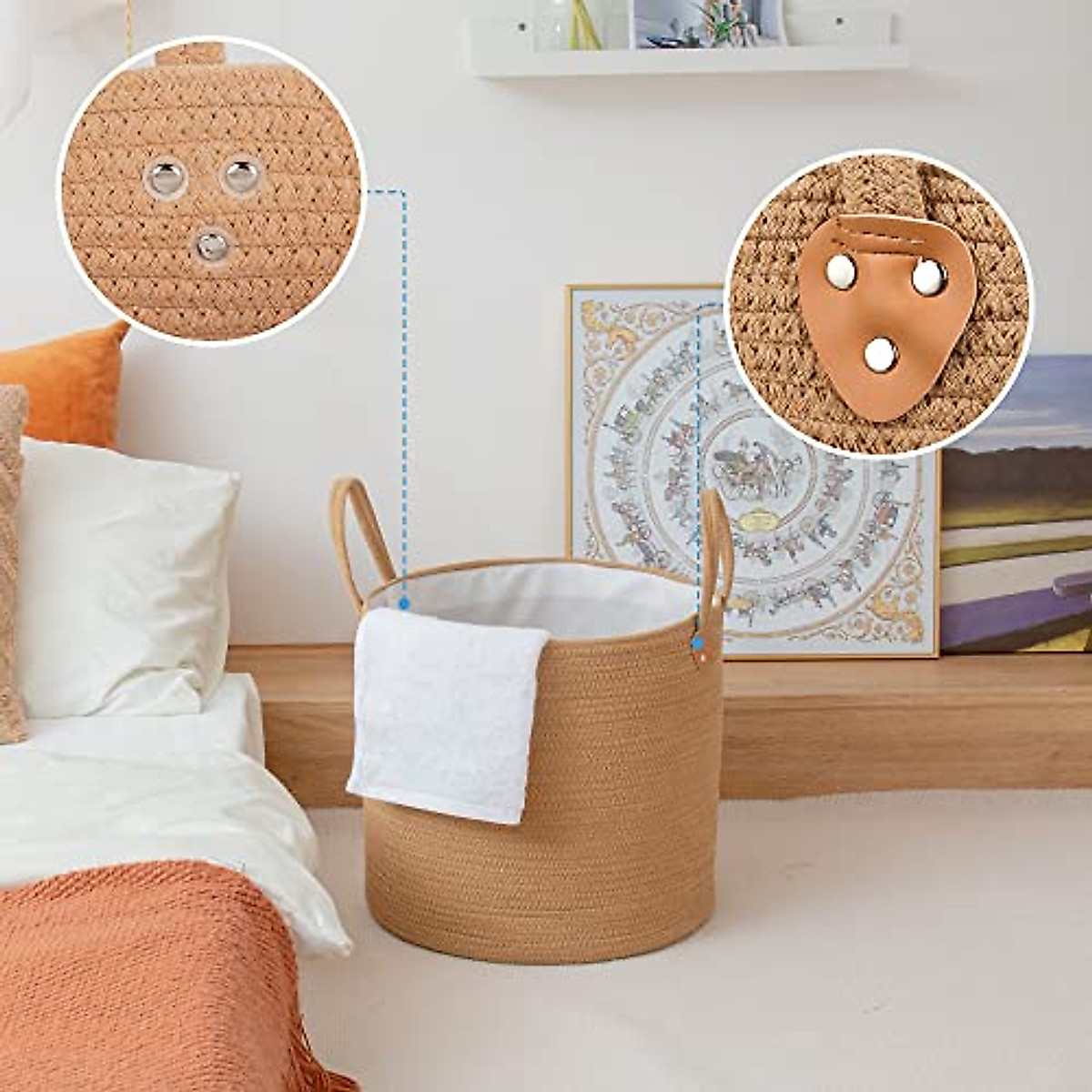 Homlikelan 46L Cotton Rope Woven Storage Basket,Blanket Basket with Handles Wicker Laundry Basket for Clothes,Toys,Pillows,Towels,Shoes,Plant Hampers for Bedroom,Living Room,Bathroom,Nursery Brown