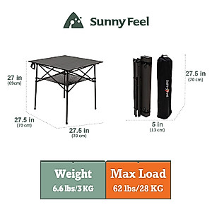 SUNNYFEEL Outdoor Folding Table | Lightweight Compact Aluminum Camping Table, Roll Up Top 4 People Portable Camp Square Tables with Carry Bag for Picnic/Cooking/Beach/Travel/BBQ