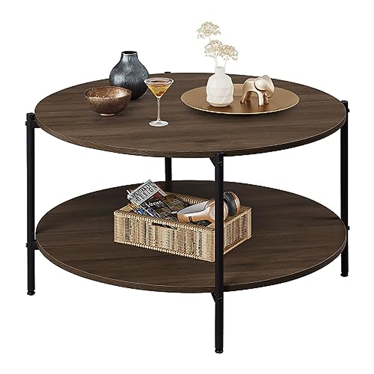 WLIVE Round Coffee Table, Living Room Table with 2-Tier Storage Shelf,32in Wood Modern Coffee Table with Metal Frame and Wood Desktop,Easy Assembly，Brown Walnut.