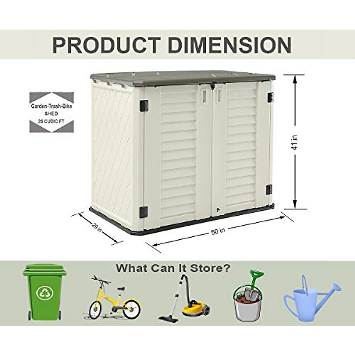 HOMSPARK Horizontal Storage Shed Weather Resistance, Multi-Purpose Outdoor Storage Box for Backyards and Patios, 26 Cubic Feet Capacity for Bike, Lawnmower, Trash Cans, Patio Accessories