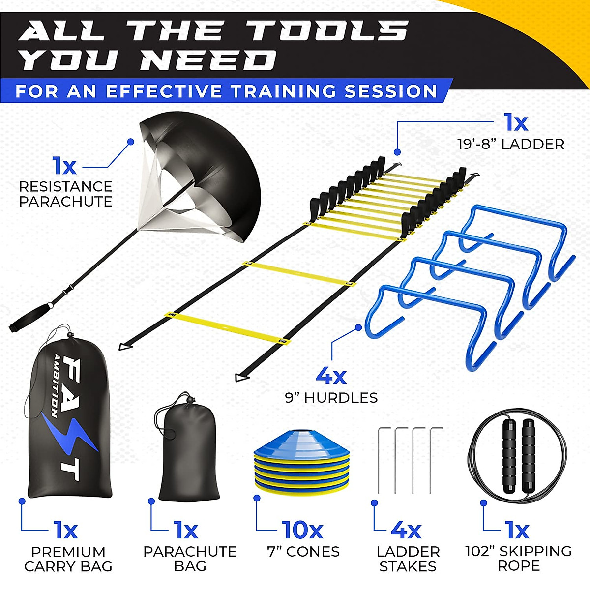 Speed & Agility Training Set - Agility Ladder, Cones Hurdle Set, Parachute for Speed Training, Basketball Training Equipment, Soccer Training Equipment, Agility Training Equipment, Resistance Bands