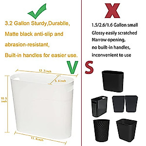 HZSOOCH 3 Pack Slim Waste Basket 3.2 Gallon 12L Plastic Small Trash Can, Office Trash Can, Slim Garbage Container Bin, Small Wastebasket with Handles for Narrow Spaces Bathroom, Kitchen (White)
