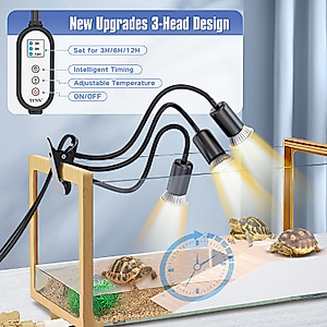 TFNN Reptile Heat Lamp, Three Head Reptile Light with Cycle Timer,UVA UVB light, dimmable Basking lamp for Tortoise, Bearded Dragon, Lizard, Snake, E26/27 Base with 4 Bulbs (50W)-Black