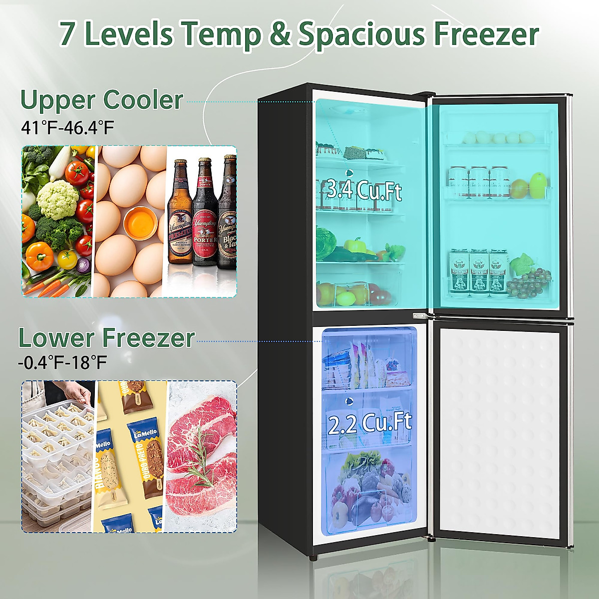 rosmena 5.6 Cu.Ft Refrigerator, Fridge with Large Freezer, Double Door RV Refrigerator, 7 Adjustable Thermostat, 3 Shelves & Drawers, Apartment Refrigerator Nevera for Garage, Kitchen, Silver