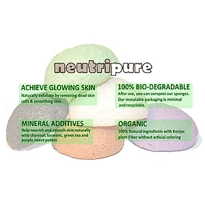 Konjac Sponge Set: Organic Skincare Facial for Natural Exfoliating and Deep Pore Cleansing 5 Piece Sampler Pack Infused with Charcoal, Turmeric, Green Tea