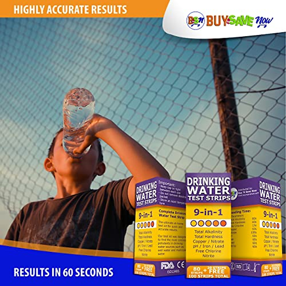 BNS 9 in 1 Drinking Water Test Strips. Accurate Tester Strip for pH, Chlorine, Nitrite, Nitrate, Lead, Total Hardness, and More. Home Test with Easy to Read Testing Results in Seconds.