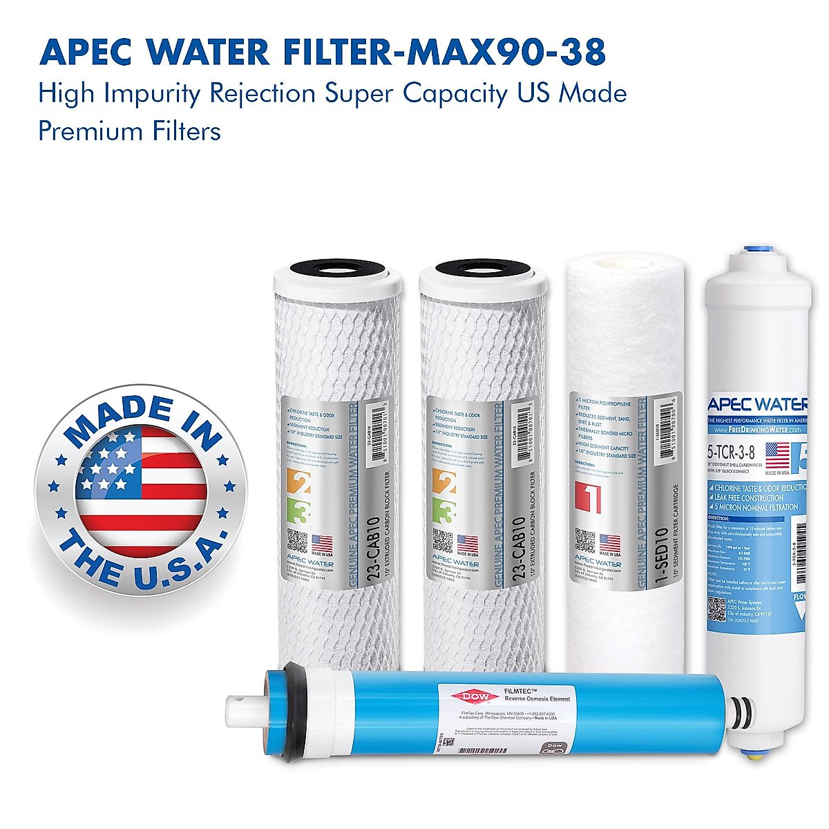 APEC Water Systems FILTER-MAX90-38 US Made 90 GPD Complete Replacement Set for Ultimate Series Reverse Osmosis Water Filter System with 3/8" D Tubing Quick Dispense, White