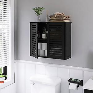 HITNET Black Bathroom Storage Cabinet, Hanging Medicine Cabinet with Adjustable Shelf, Bamboo Over The Toilet Wall Mounted Space Saver Organizer, Double Doors