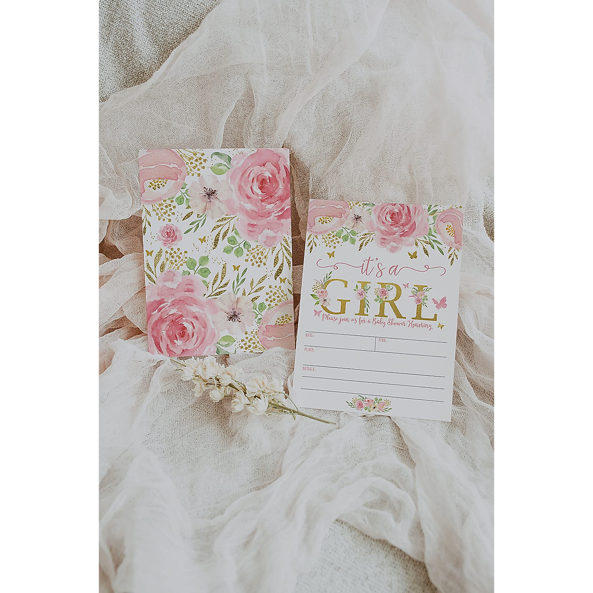 Your Main Event Prints It's a Girl Floral Butterfly Baby Shower Invitation, Pink and Gold Flowers Sprinkle Invites with Diaper Raffle Ticket Cards