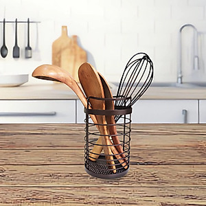 NONAKO Utensil holder for Kitchen Counter - Round kitchen utensil holder for countertop (H6.1” x W3.9”), Utensil Caddy Rustic Cooking Utensil Crock for Kitchen Decor