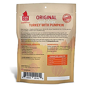 PLATO Turkey Real Strips Natural Dog Treats - Real Meat - Air Dried - Made in the USA - Turkey & Pumpkin, 18 ounces
