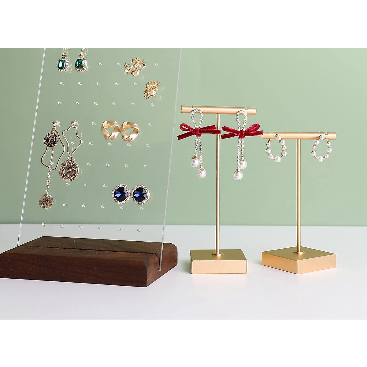 GemeShou 2pcs Metal T Bar Earring Stand Gold Single Earring Display T Stand for shows Jewelry Photography Props【Gold-Square Base 2pcs Height 4.3" and 5.1"】