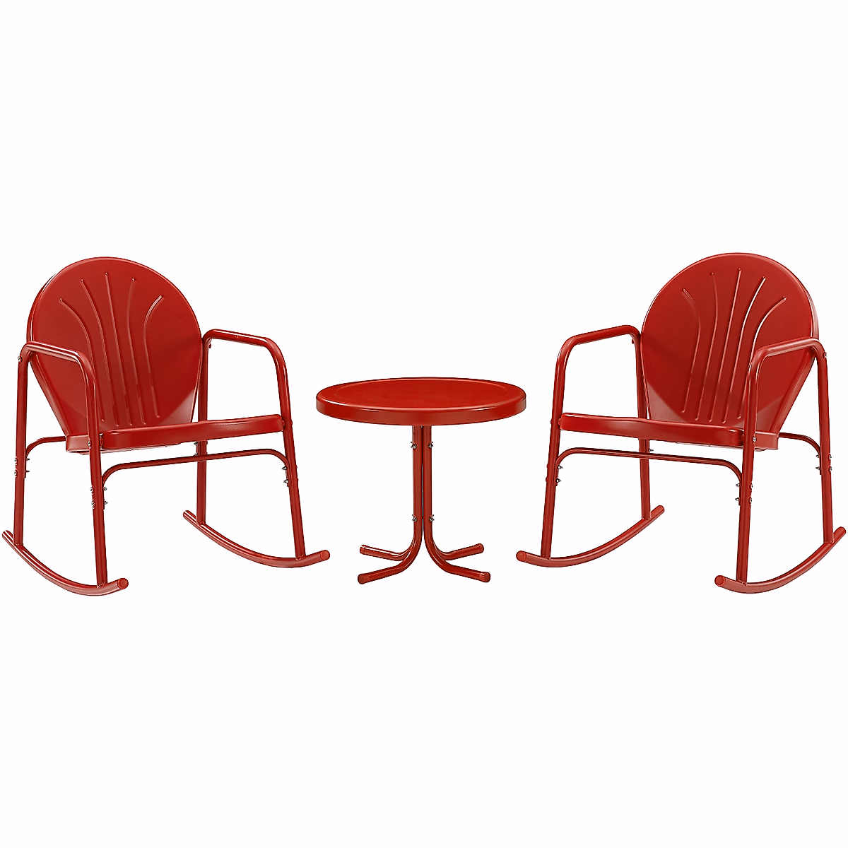 Crosley Furniture Griffith 3-Piece Outdoor Rocking Chair and Side Table Set, Retro Metal Bistro Patio Sets, Bright Red Gloss