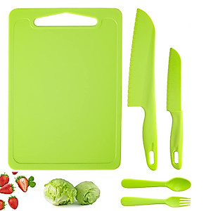 jawbush 11" Large Lettuce Knife with Plastic Cutting Board for Salad to Prevent Browning, Green Nylon Knives Bonus with Fork Spoon, Plastic Kitchen Knife for Veggies, Fruit, Bread, Cake, Salad