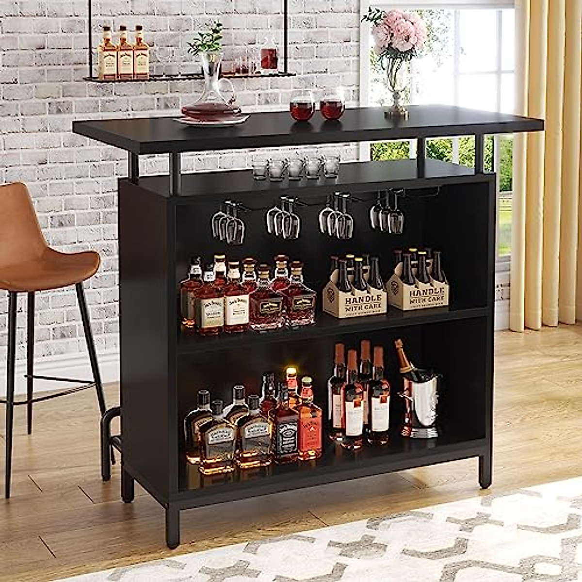 Tribesigns Home Bar Unit, 47 Inches PU Leather Bar Tables Liquor Cabinet with Wine Glasses Holder and Metal Footrest Wine Rack for Kitchen Living Room