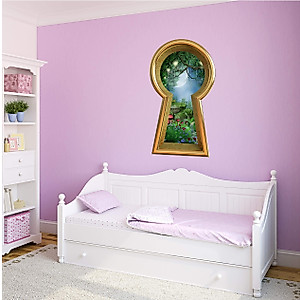 36" Keyhole 3D Window Wall Decal Enchanted Lantern Forest Wonderland Kids Room Decor Fantasy Mushroom Fairy Tale Removable Vinyl Wall Sticker - 36" Tall x 20.4" Wide