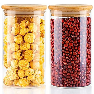 Tyniaide Glass Storage Jars with Airtight Lids 26oz, Set Of 2 Glass Airtight Food Storage Containers, Clear Glass Food Canister for Coffee, Candy, Cookie, Rice, Sugar, Flour, Pasta, Nuts - Bamboo Lids