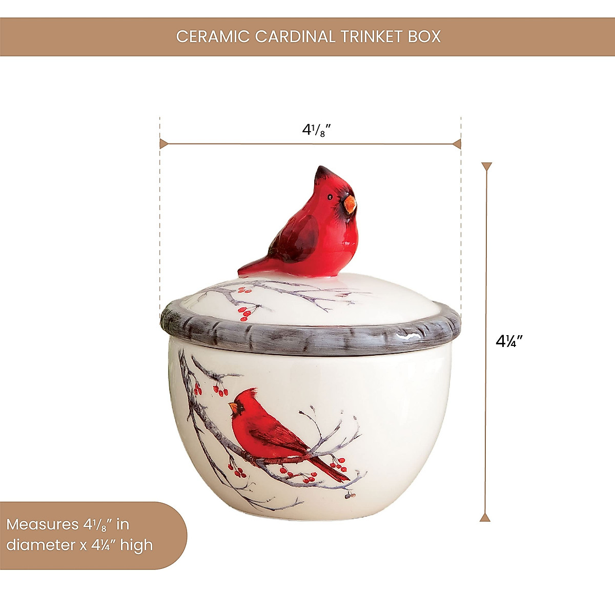 Bits and Pieces - Ceramic Cardinal Trinket Box - Cardinal Keepsake and Jewelry Box - Home Décor