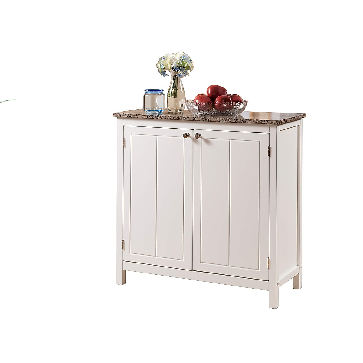 Kings Brand Furniture - Haber Marble Finish Top White Kitchen Island Storage Cabinet