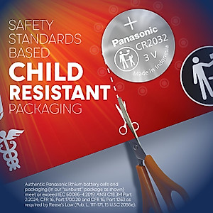 Panasonic CR2032 3.0 Volt Long Lasting Lithium Coin Cell Batteries in Child Resistant, Standards Based Packaging, 4 Pack