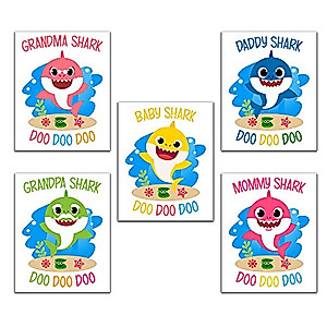 Baby Shark Art Prints, Set of 5 (8 inches x 10 inches), Nursery Wall Art Stuff Decor, Wall Poster for Baby Shower Decorations, Baby Bedroom, Kids Playroom, Mommy Daddy Grandma Grandpa (UNFRAMED)