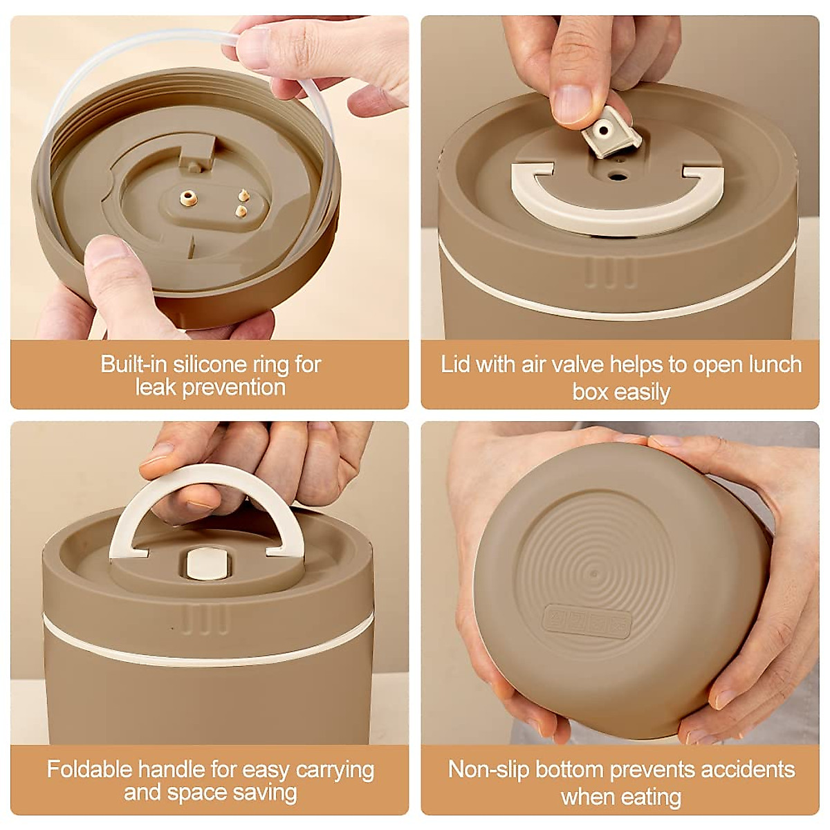 ArderLive Lunch Bento Box with Bag, Portable Thermal Leakproof Lunch Containers, 18/8 Stainless Steel Stackable Insulated Lunch Box for Adults, Picnic Work and Travel, 68 Oz, Khaki