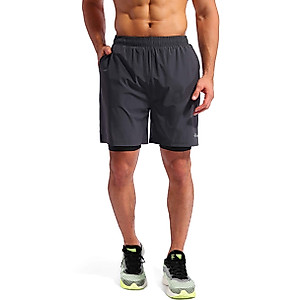 Pudolla Men’s 2 in 1 Running Shorts 7" Quick Dry Gym Athletic Workout Shorts for Men with Phone Pockets(Dark Grey Large)
