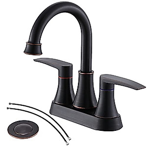 VALISY Lead-Free 2-Handle Oil Rubbed Bronze Bathroom Sink Faucet, 360° Swivel High-Arc Spout 4 Inch Centerset Bath Lavatory Vanity Faucets Set for Bathroom Sinks with Pop-up Drain & Water Hoses