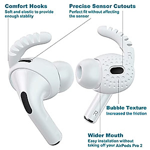 QOQOON 4 Pairs for AirPods Pro 2 Ear Hooks Premium Covers [Added Storage Pouch] Professional Anti-Slip Accessories Compatible with Apple AirPods Pro 2nd Generation (4 Sizes, White)
