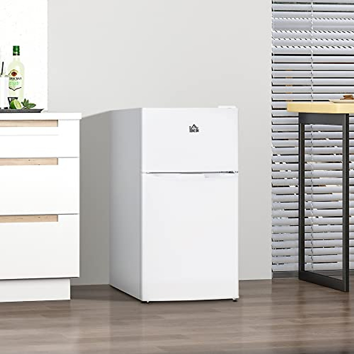 HOMCOM Double Door Mini Fridge with Freezer, 3.2 Cu.Ft Compact Refrigerator with Adjustable Shelf, Adjustable Thermostat and Reversible Door for Bedroom, Dorm, Home Office, White