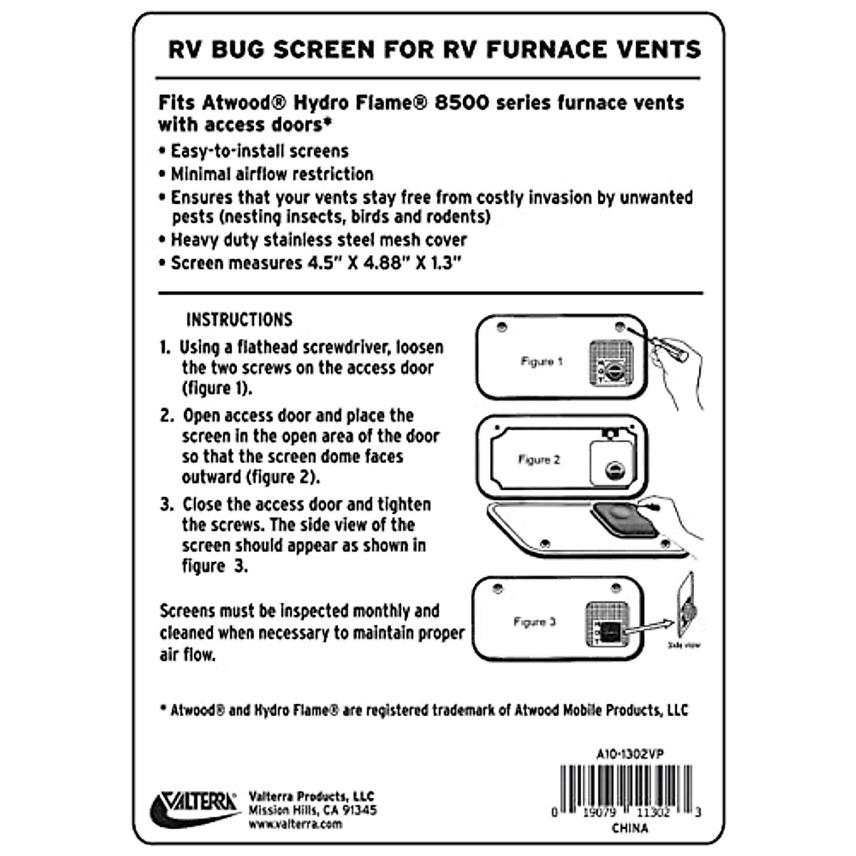 Valterra A10-1302VP Bug Screen for Outside RV Furnace Vent - Fits Atwood Hydroflame 8500 Series, 4.5 inches x 4.88 inches x 1.3 inches