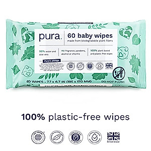 Pura Baby Wipes, 100% Plastic-Free & Plant Based Wipes, 99% Water, Suitable for Sensitive & Eczema-prone Skin, Fragrance Free & Hypoallergenic, Cruelty Free, EWG Verified, 1 Pack of 60 Wet Wipes