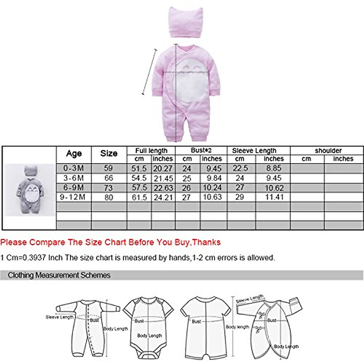 Unisex Baby Totoro Long Sleeve Romper with Hat 2-PC Set Grey