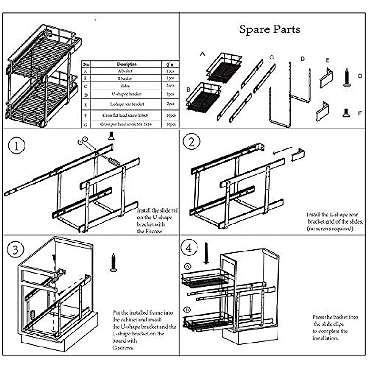STORKING 2 Tier Wire Basket Pull Out Organizer Shelf Sliding Drawer Storage for Kitchen Base, Double-Tier Heavy Duty Cabinets Chrome-Plating, 21”W x 22”D Cabinet Opening Wire Frame Plating Finish