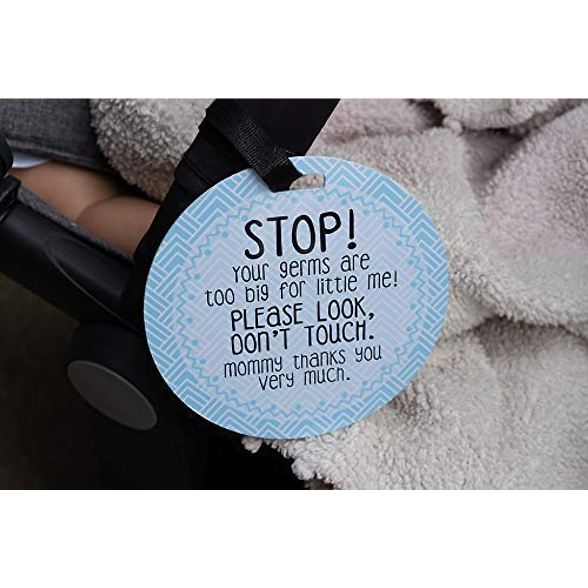 THREE LITTLE TOTS – Blue Stop Please Look Don't Touch Baby Car Seat Sign or Stroller Tag - CPSIA Safety Tested