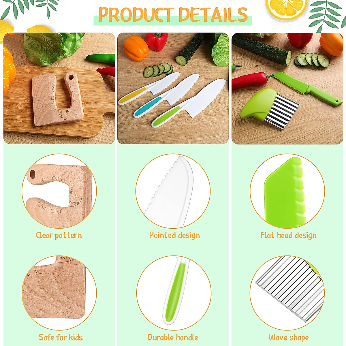 Zhehao 7 Pieces Kitchen Wooden Knife for Kids Include Wood Kids Knife Plastic Potato Slicers Cooking Knives Serrated Edges Toddler Knife Kids Plastic Knife Resistant Gloves for Children (Crocodile)