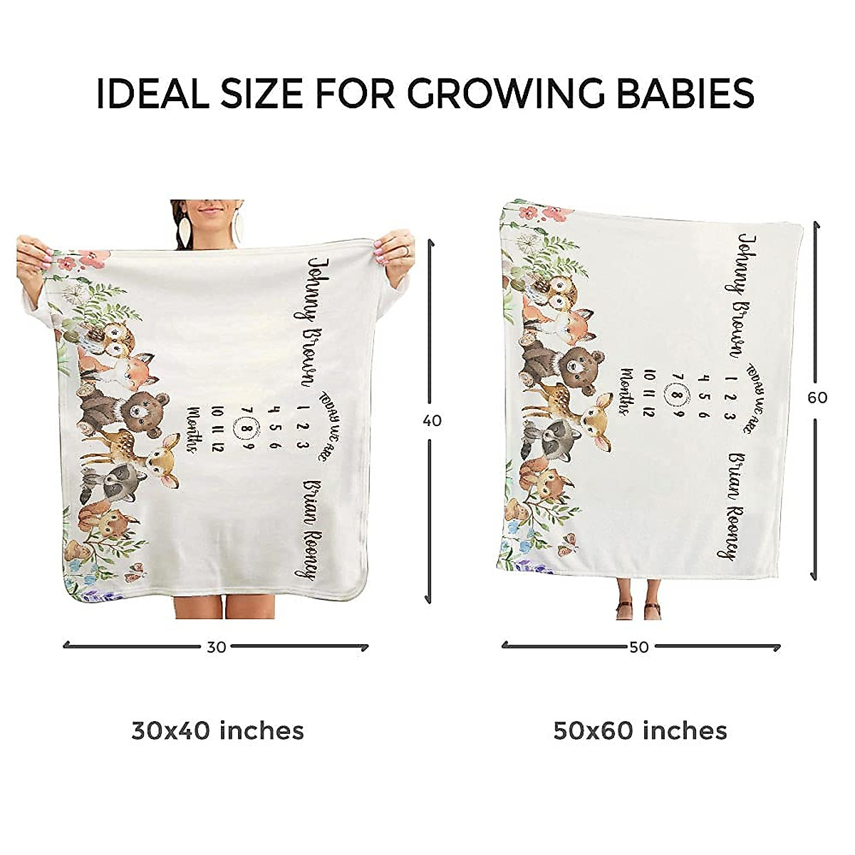 MDPrints Personalized Twin Milestone Blanket, Custom Monthly Baby Blankets with Name for Boys and Girls, 30x40 & 50x60inch Soft Plush Fleece (Brown)