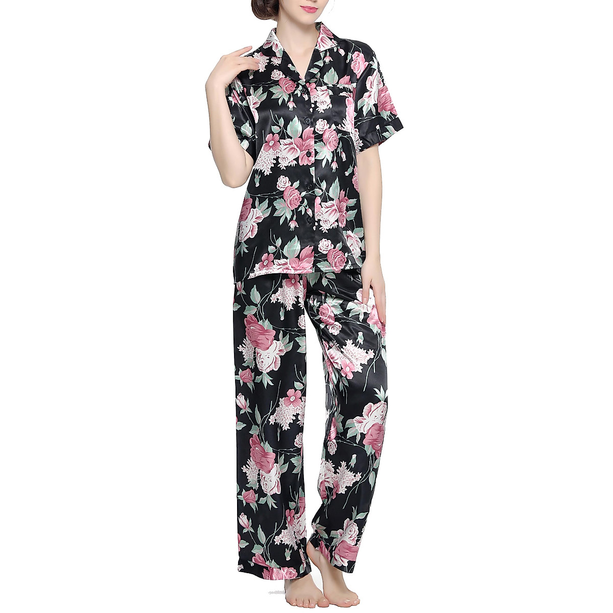 Lavenderi Women's Short Sleeve Classic Satin Pajama Set（Large,Black Floral Print