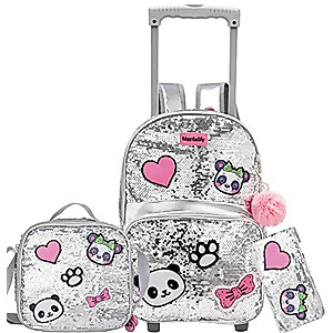 Meetbelify Girls Rolling Backpack Sequin Rolling Backpacks with Wheels for Girls for Elementary Preschool Cute Panda Roller Luggage with Lunch Box for 6-12 Girls
