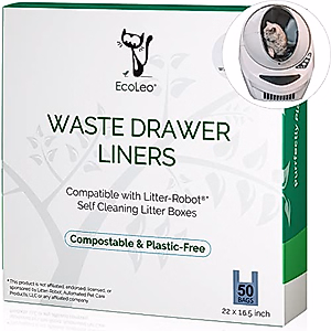 EcoLeo Liners, Litter-Robot 3 Compatible, Compostable New & Improved, Plastic-Free bags with Handles, Thick, for Automatic Litter Box Waste Drawers (50-Count)