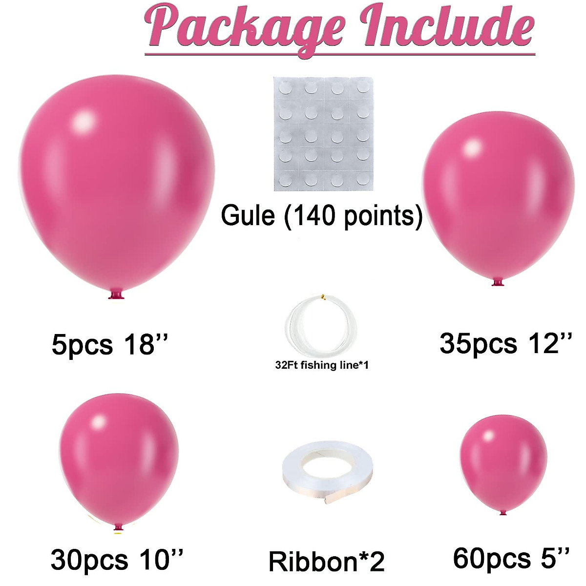 Bonropin Hot Pink Balloons 130pcs Hot Pink Balloons Garland Arch Kit 5/10/12/18 Inch Different Sizes Hot Magenta Latex Balloons for Baby Shower Birthday Wedding Bridal Princess Theme Party Decorations