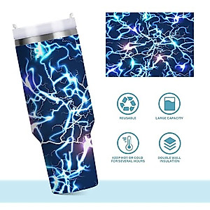 Exnundod 40 oz Tumbler with Handle Abstract Blue Lightning Insulated Stainless Steel Cup with Lid and Straw Travel Cup Leak-proof Fits in Car Cup Holder for Iced & Hot