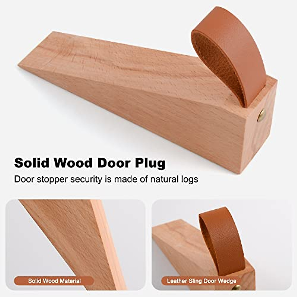 Wood Door Stopper, 2 Pack Door Stoppers Wedge with Adhesive Hooks, Solid Beech Wood Door Stop Wedge with Leather Band for Hanging, Wood Door Stoppers for Bottom of Door