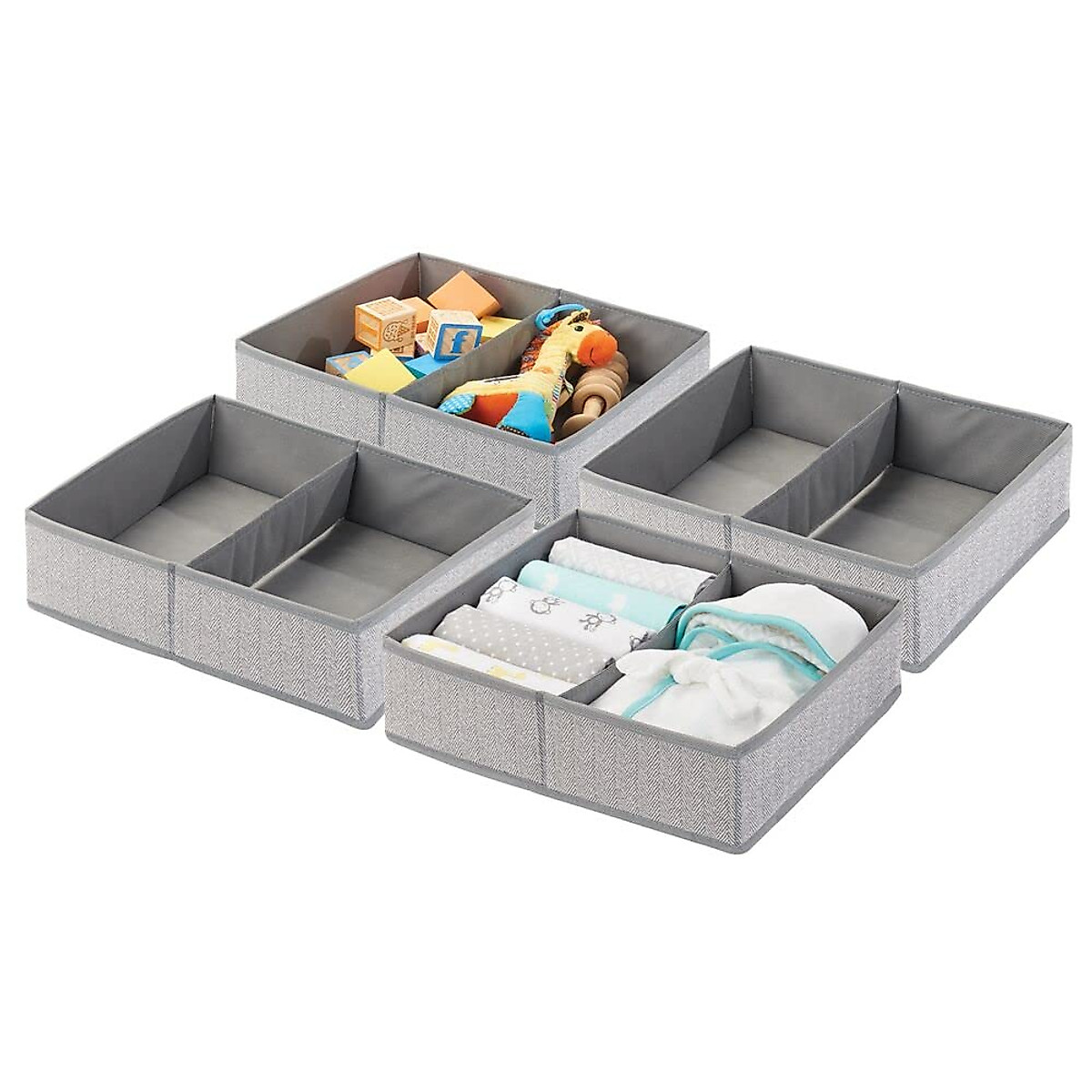 mDesign Fabric Drawer Organizer Bin Dividers for Baby Nursery Dresser, Closet, Organization - Bins Hold Clothes, Diapers, Cream, Toy, Blankets - 4 Pack, Gray Herringbone
