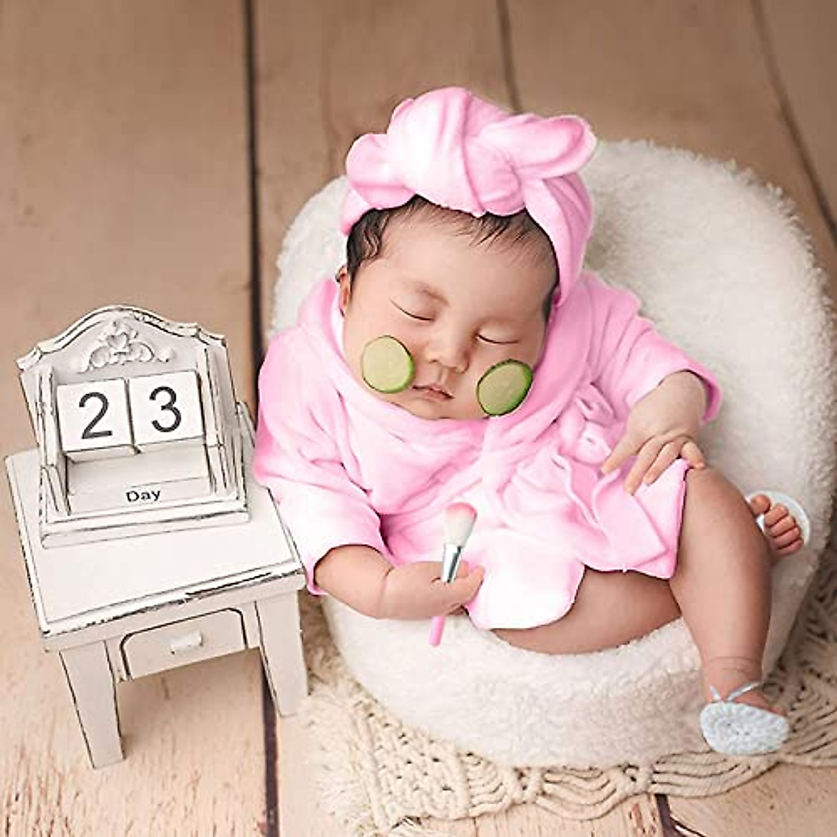 SPOKKI Newborn Photography Props 7 PCS Newborn Girl Photoshoot Outfits Babies Robe Props with Bath Towel Slippers Cucumber Curler Hat Makeup Brush for Infant Boys Girls