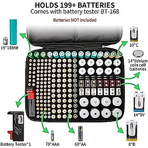 Keenstone Battery Organizer Storage Case, Fireproof Waterproof Explosionproof Battery Holder, Holds 199+ Batteries AA AAA C D 9V 18650, Battery Storage Box with Tester (Batteries Not Included)
