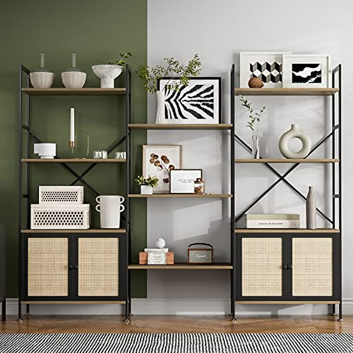 IKIFLY Triple Wide 4-Tier Bookshelf, Bookcase with 4 Doors Rattan Storage Cabinet, Industrial Storage Cabinet w/Open Display Shelf, Wood and Metal Bookshelf in Office, Living Room, Study, Bedroom