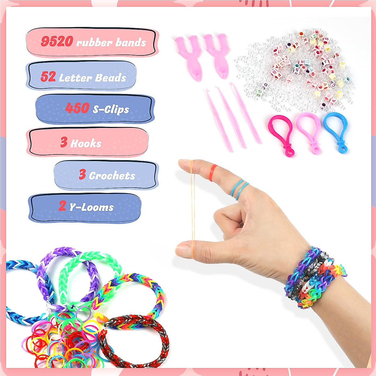 HTVRONT Rubber Band Bracelet Kit - 10000+ Loom Bracelet Making Kit with 450 Clips, Rubber Bands Refill Loom Set for Beginners, Rubberband Bracelets Kit for Girls Boys Birthday Parties Gift